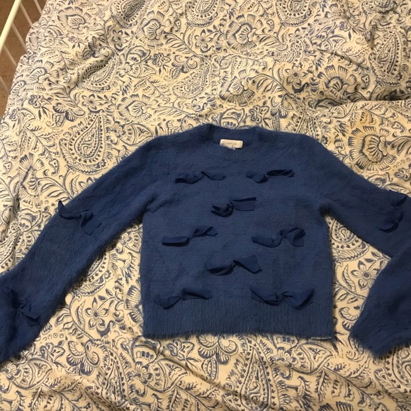 Sweaters | Cobalt Blue Fuzzy Sweater W Bows | Poshmark